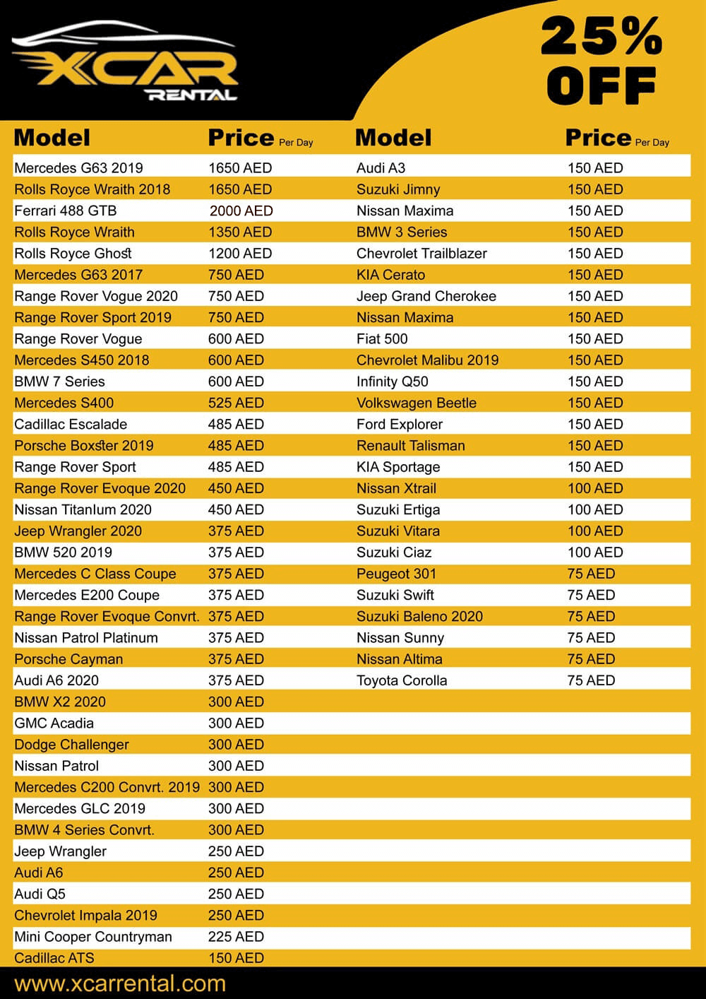 X Car Rental Price List
